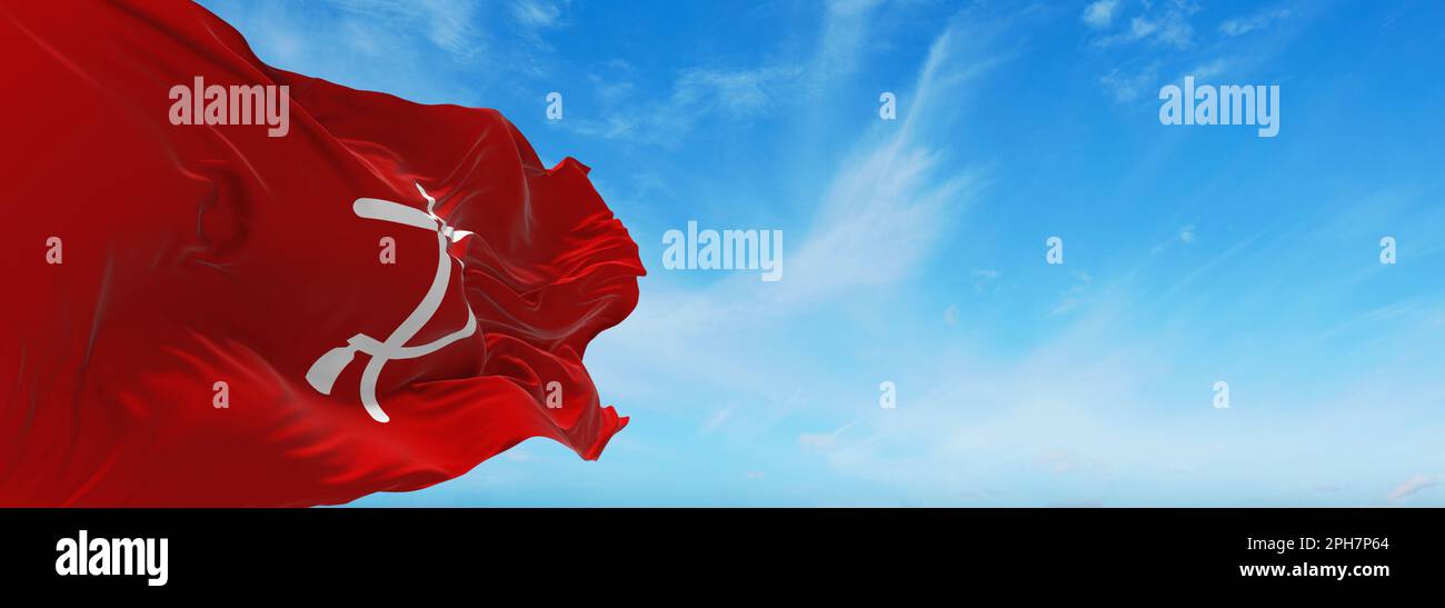 flag of Christian Communist symbol waving in wind at cloudy sky. love ...