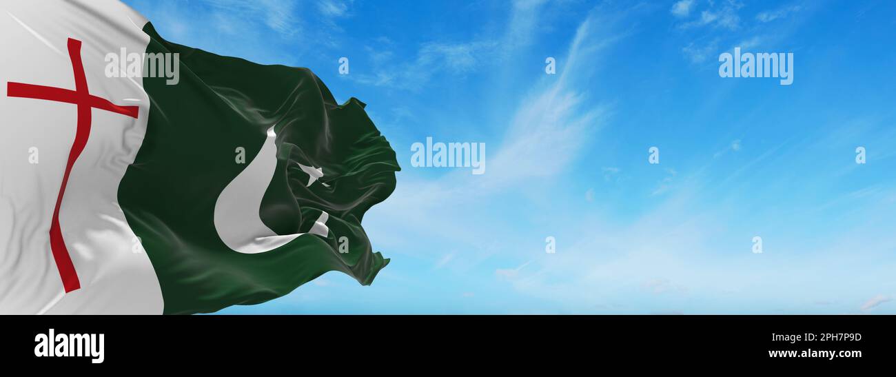 flag of Pakistan with cross waving in wind at cloudy sky. love holy ...