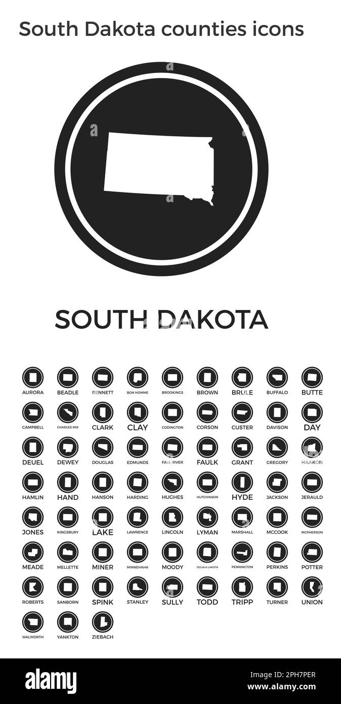 South Dakota counties icons. Black round logos with US state counties ...