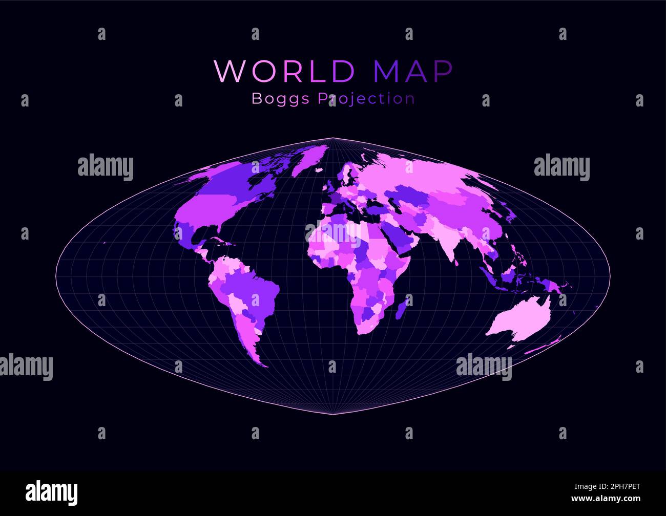 World Map. Boggs eumorphic projection. Digital world illustration ...