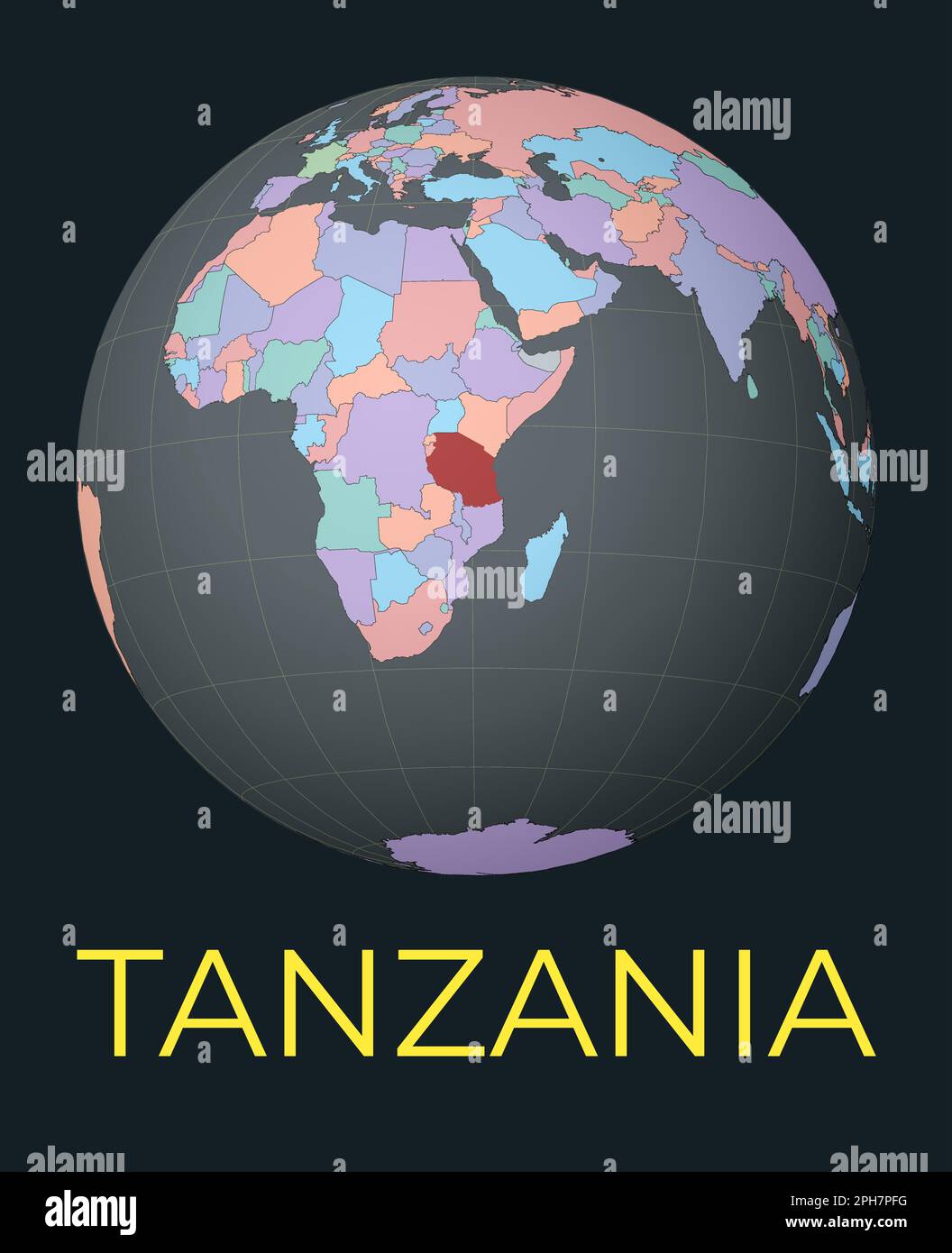 World map centered on Tanzania. Red country highlighted. Satellite ...
