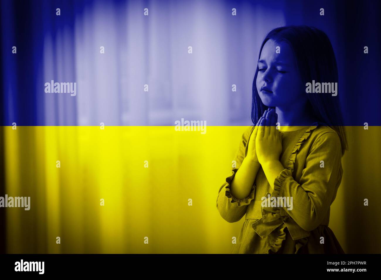 Pray for Ukraine. Double exposure of little girl praying indoors and ...