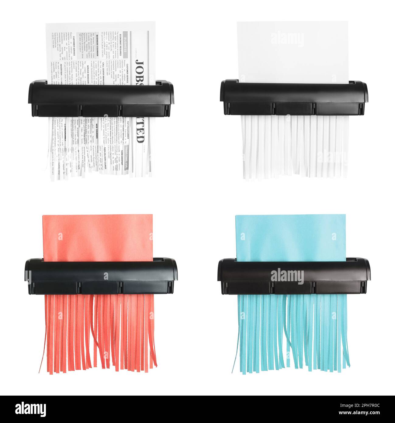 Destroying paper with shredders on white background, collage Stock ...