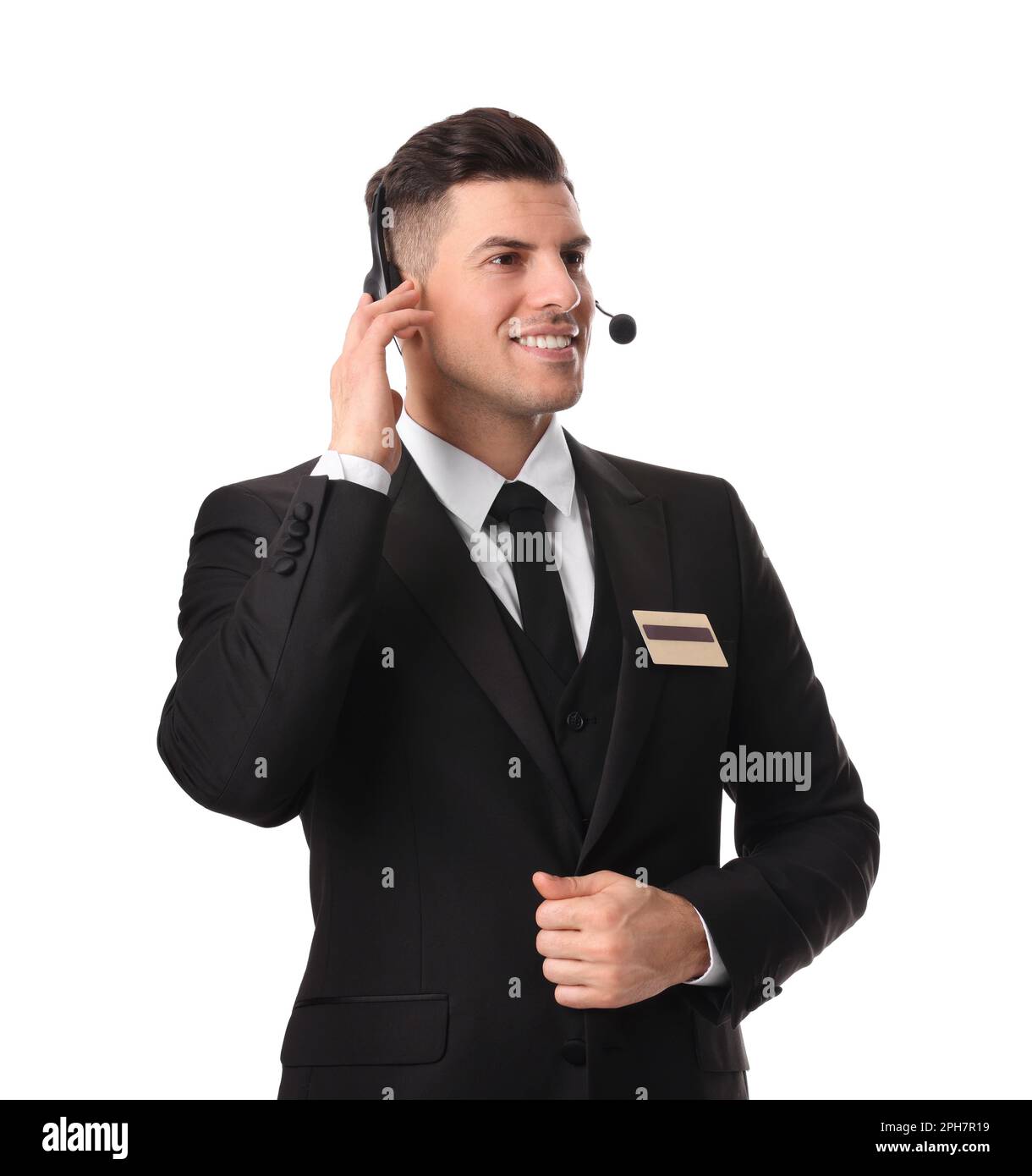 Portrait of receptionist with headset on white background Stock Photo ...