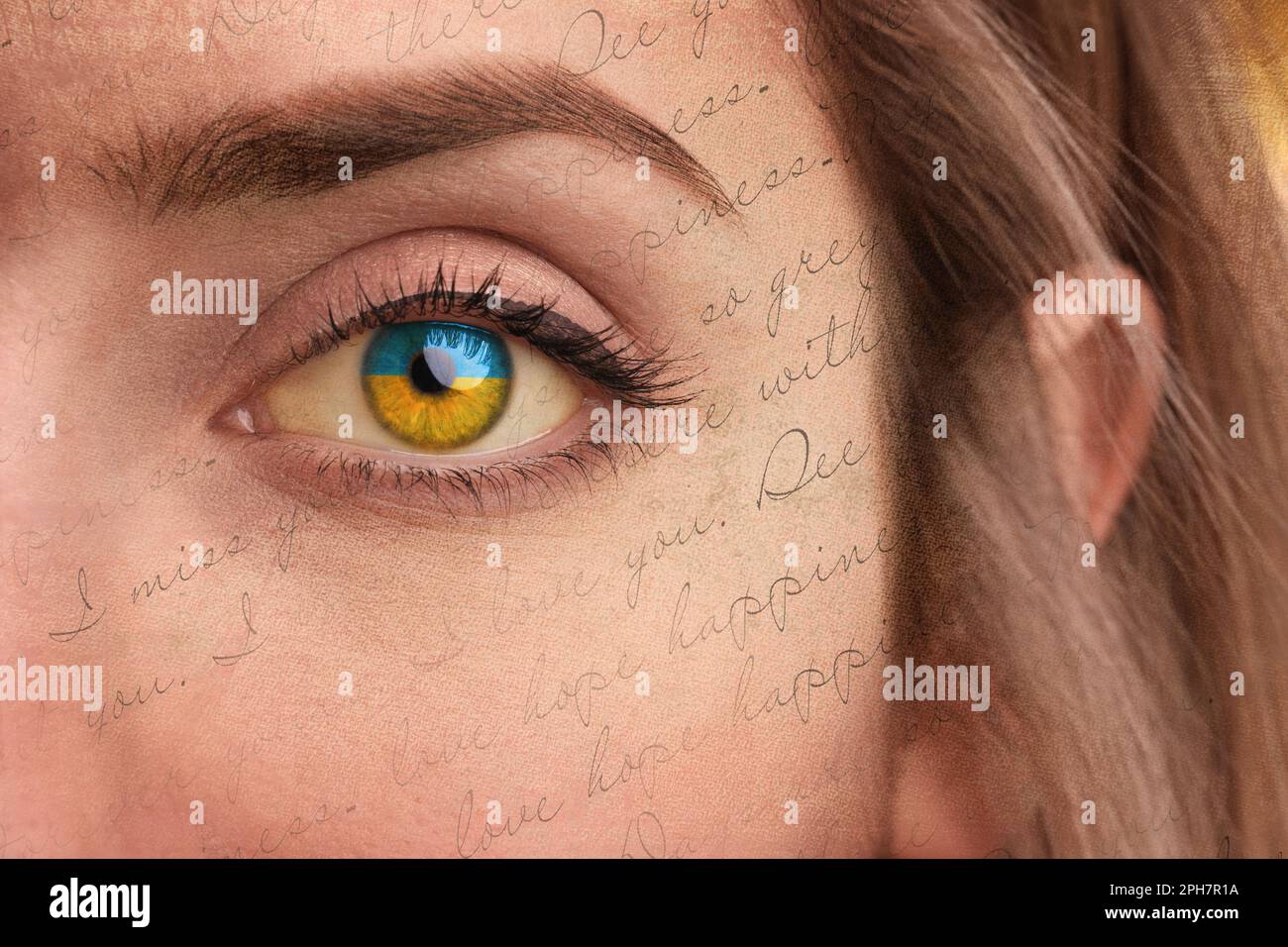 Double exposure of young woman and text, closeup view of eye with ...