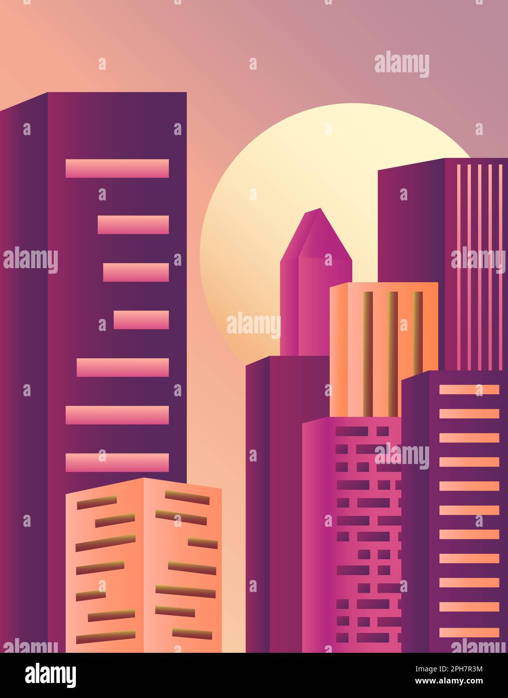 Image of a night city and high-rise buildings. Moon and dark sky ...