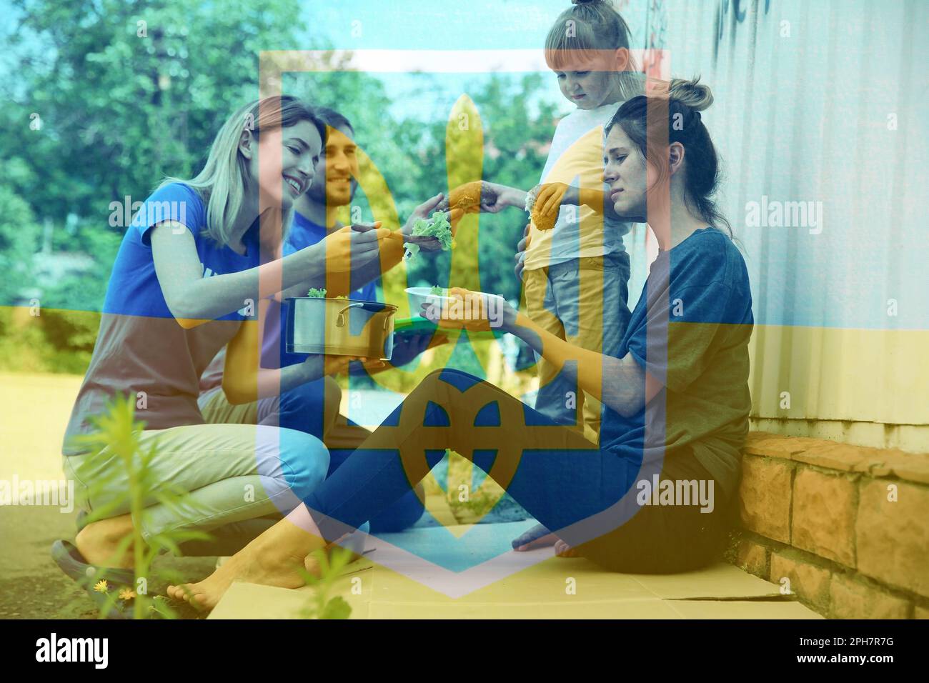 Double exposure of volunteers serving food to homeless woman with ...