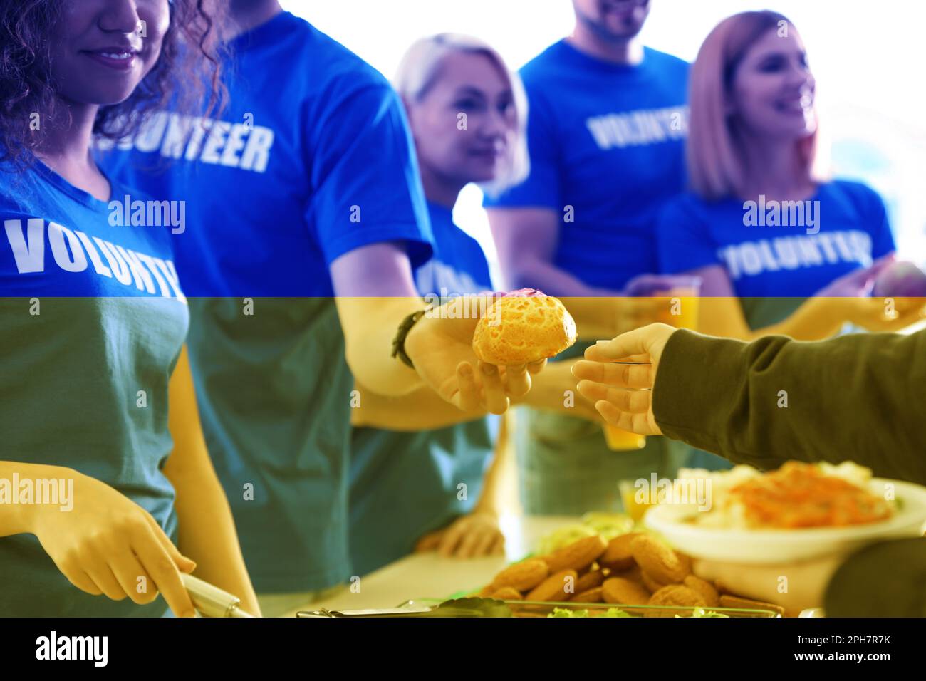 Double exposure of volunteers serving food to refugees and Ukrainian ...