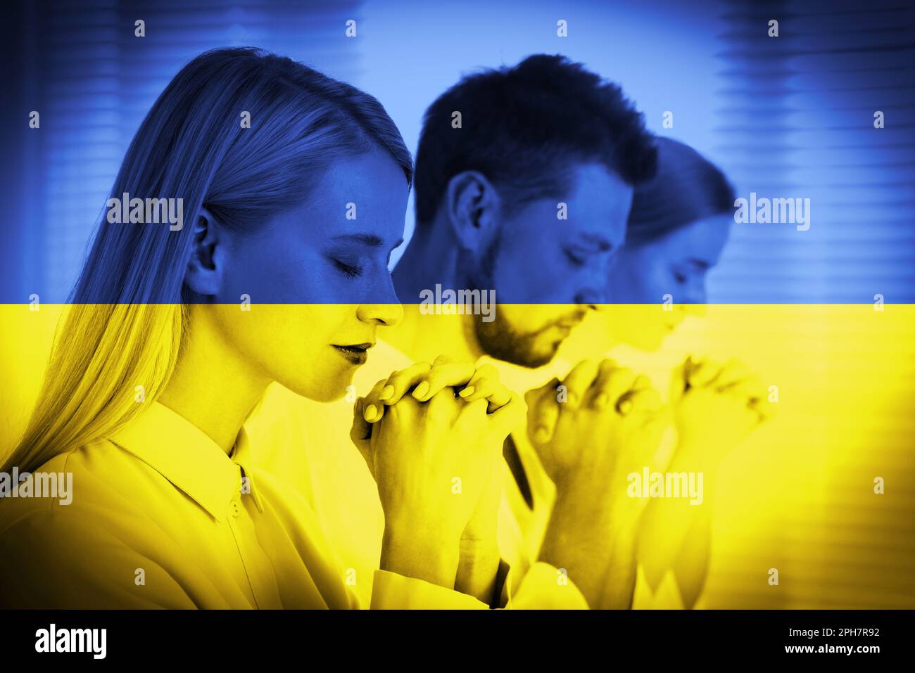 Pray for Ukraine. Double exposure of people praying together and ...