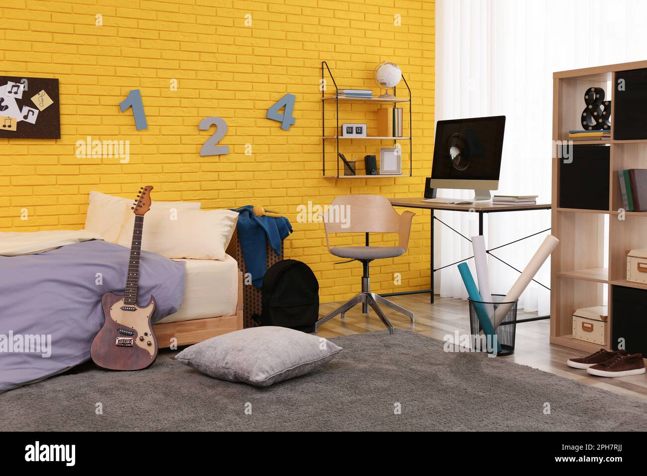 Stylish teenager's room interior with computer and bed Stock Photo - Alamy