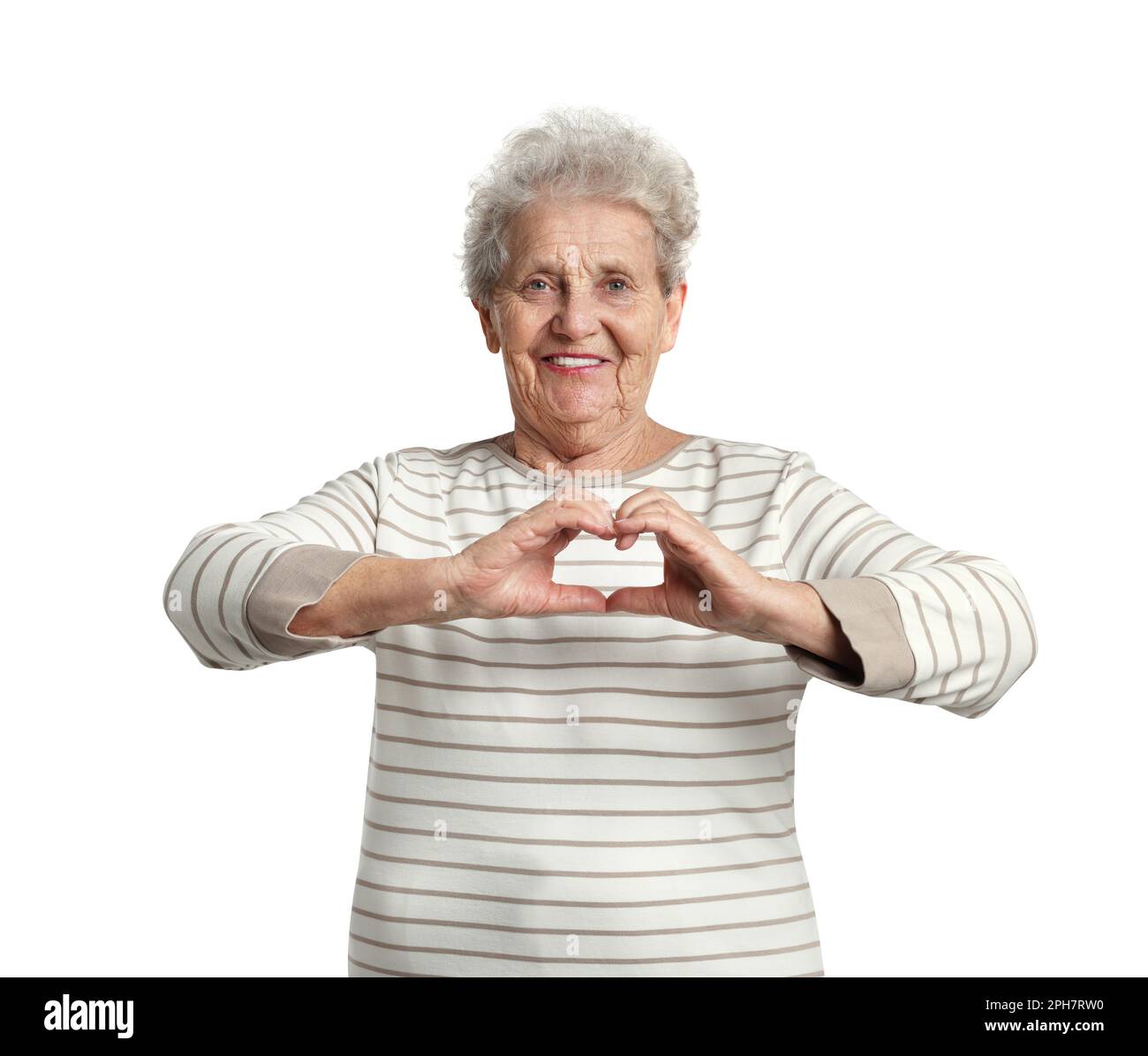 Elderly woman making heart with her hands on white background Stock ...
