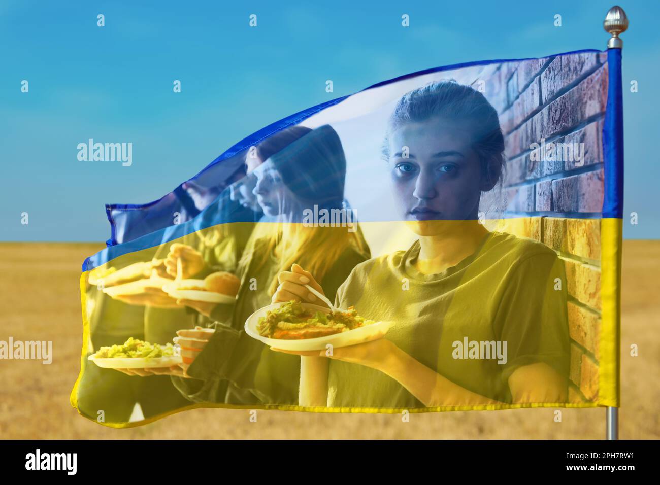 Double exposure of Ukrainian flag in wheat field on sunny day and ...
