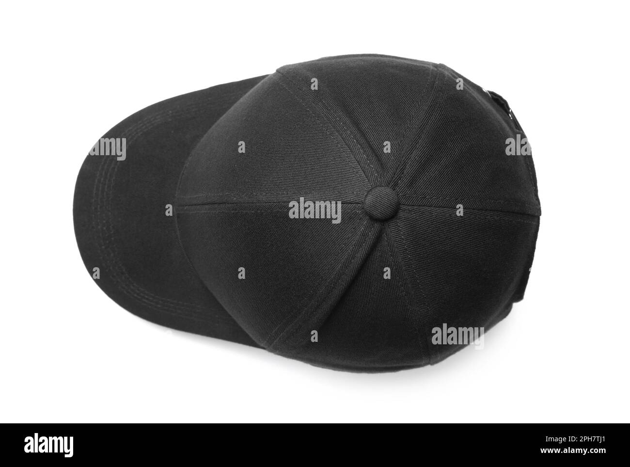 Stylish black baseball cap on white background, top view Stock Photo ...