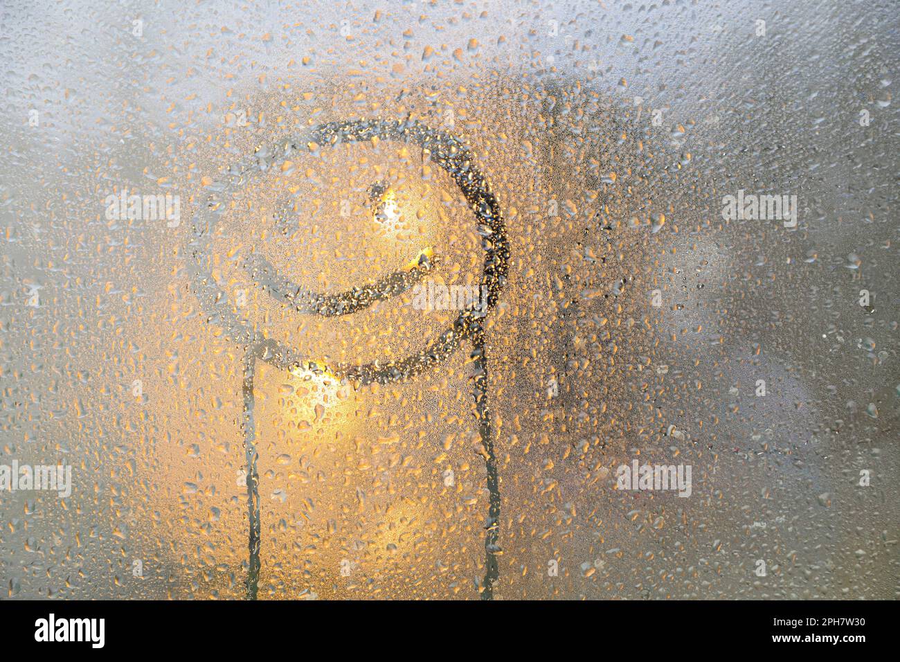 Happy face drawn on foggy window, space for text. Rainy weather Stock ...