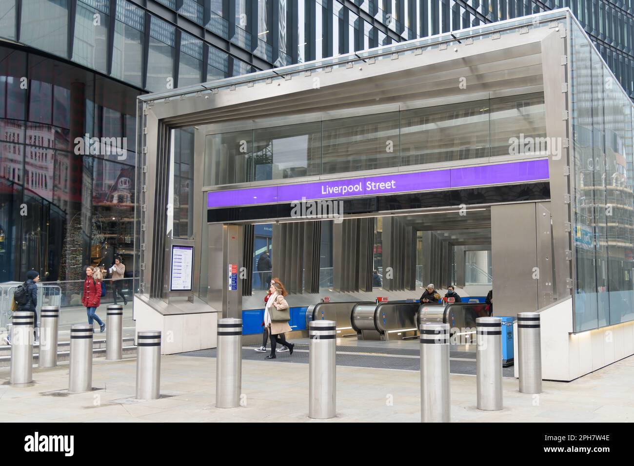 London, UK - March 16 2023; Liverpool Street entrance to Elizabeth Line ...