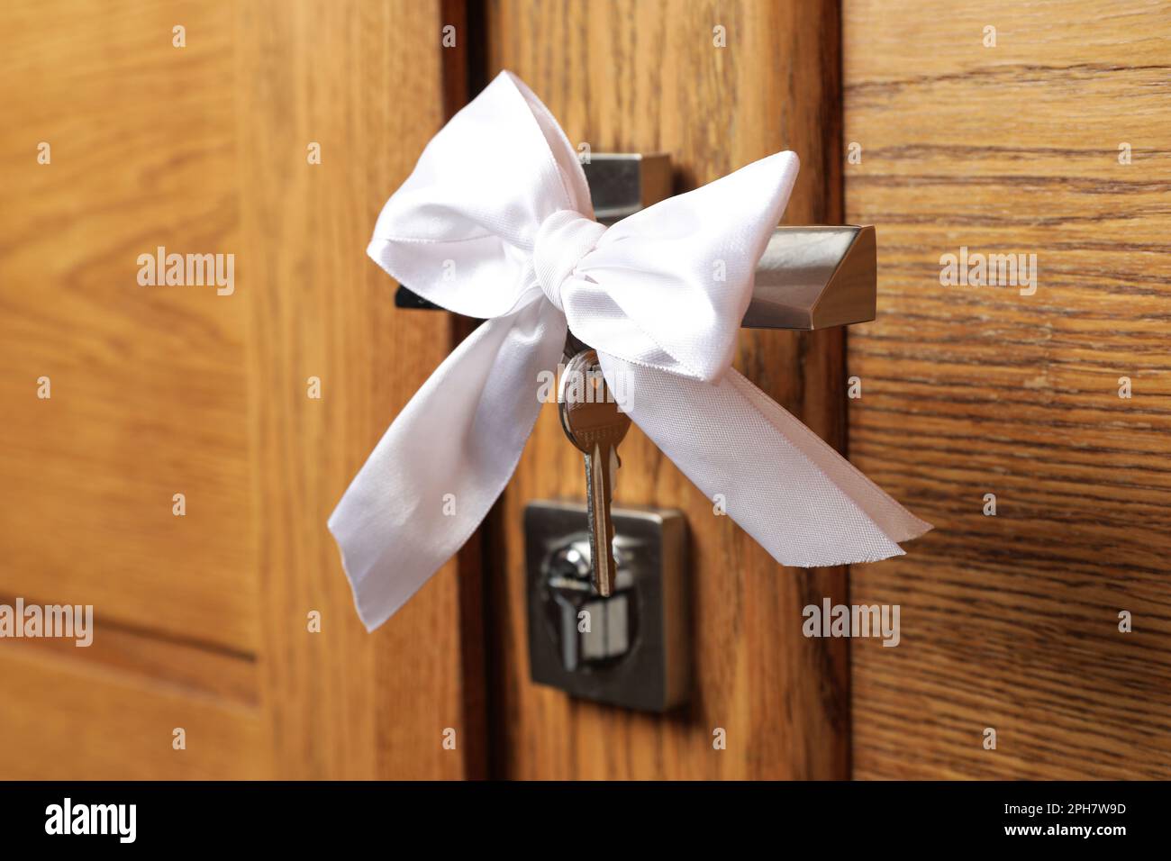 Key with white bow on door handle, closeup view. Housewarming party ...