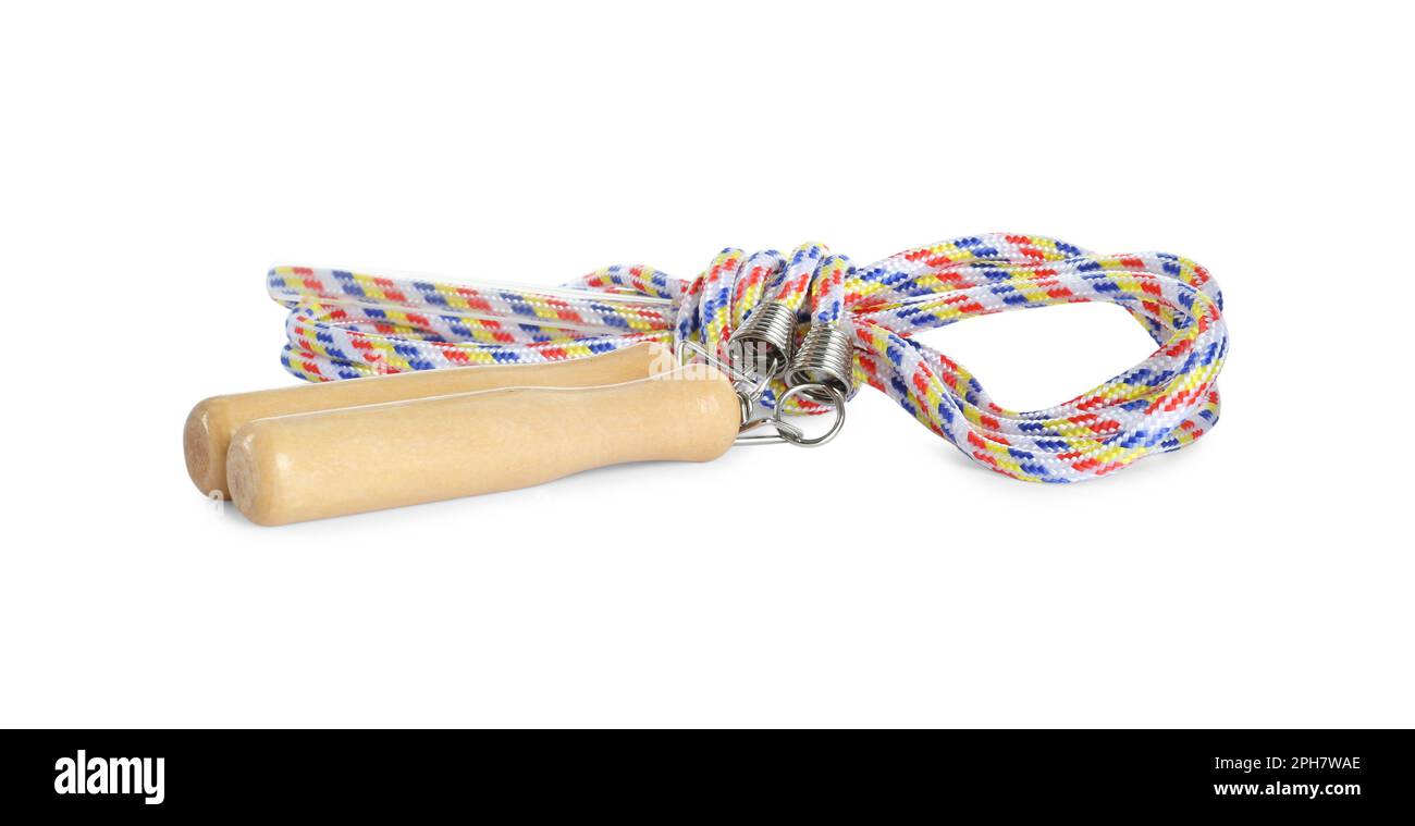 Colorful skipping rope with wooden handles isolated on white Stock ...