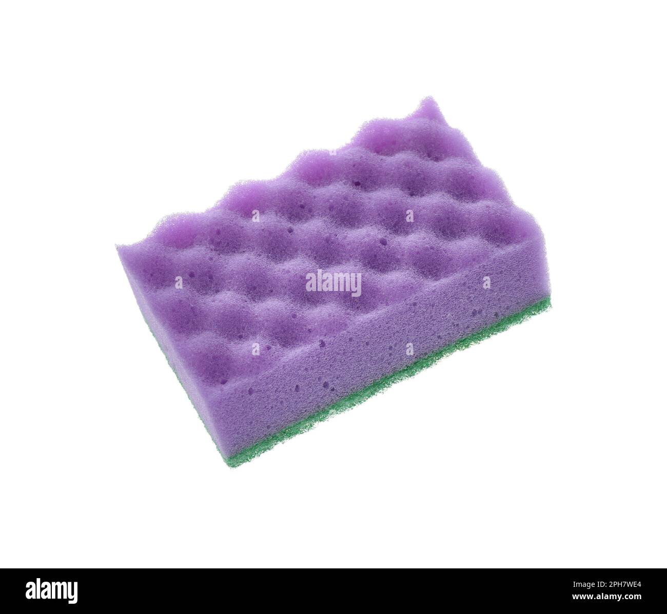 Purple cleaning sponge with abrasive green scourer isolated on white ...