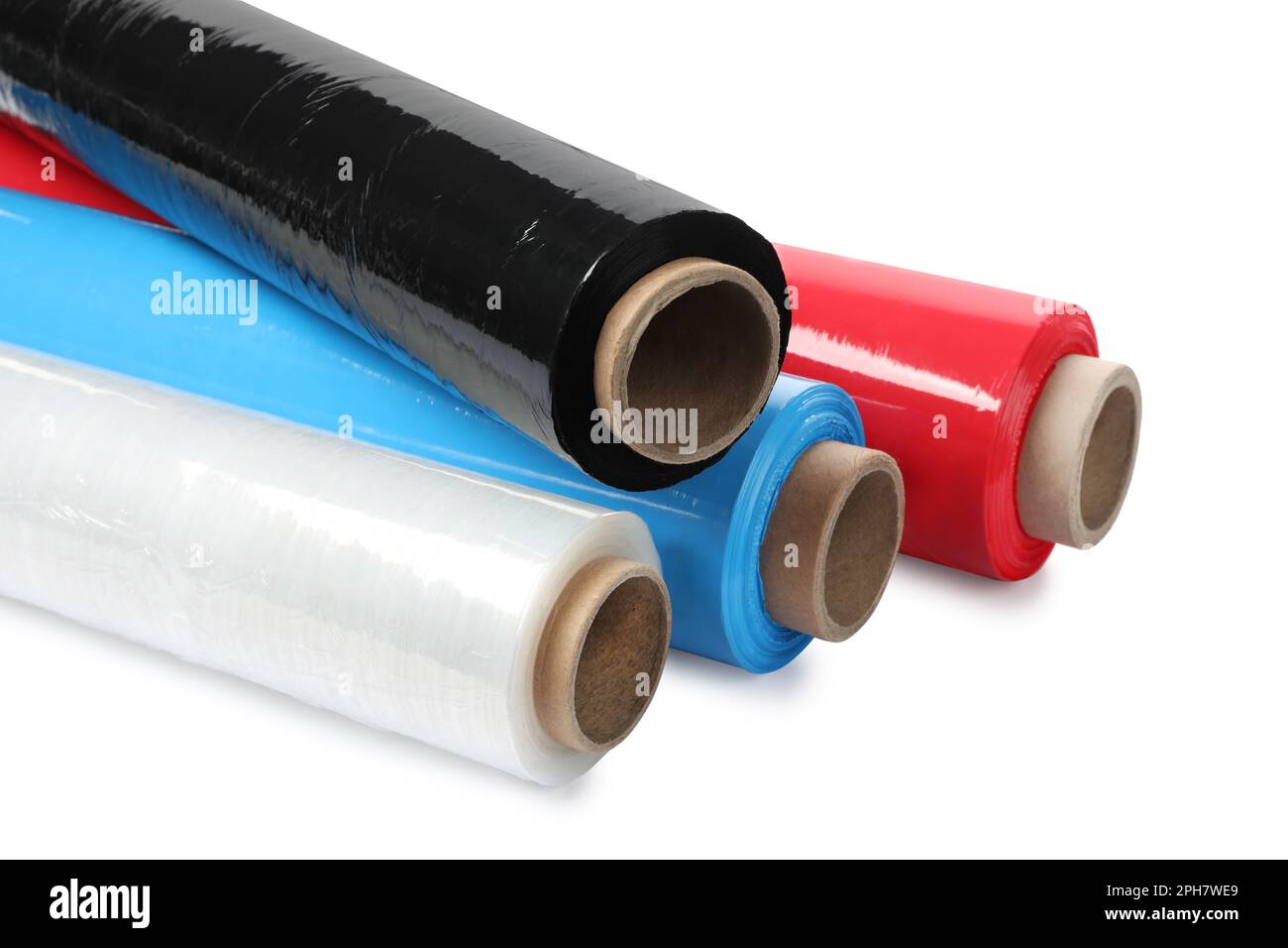 Different plastic stretch wrap films on white background Stock Photo ...