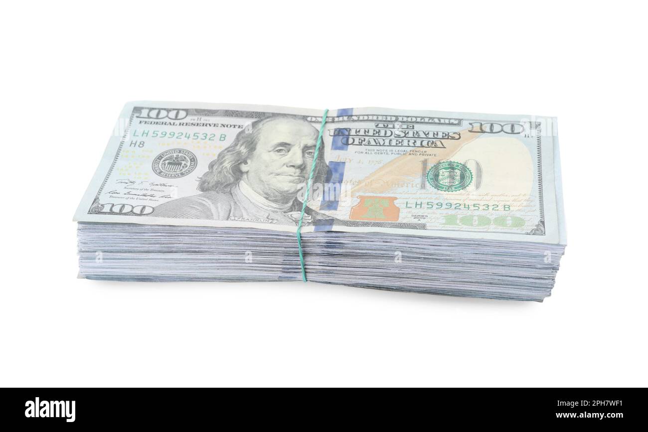 Stack of dollar banknotes on white background. American national ...