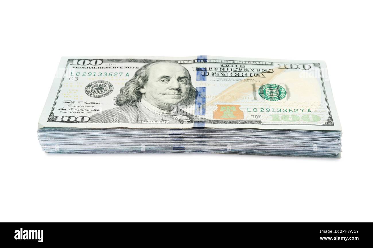 Stack of dollar banknotes on white background. American national ...