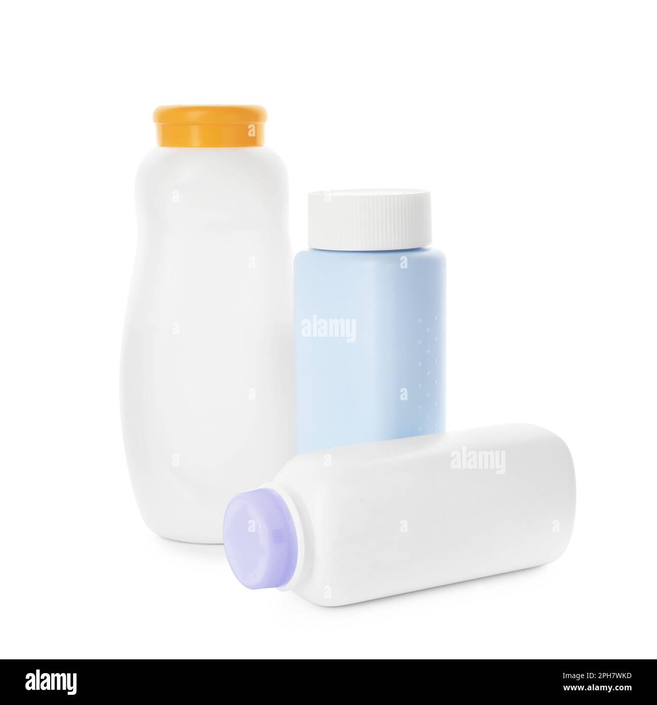 Bottles of dusting powder on white background, space for design. Baby ...