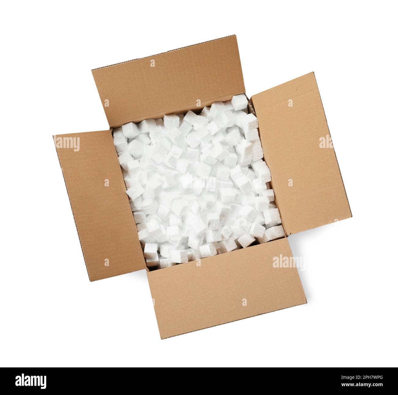 Cardboard box with styrofoam cubes isolated on white, top view Stock ...