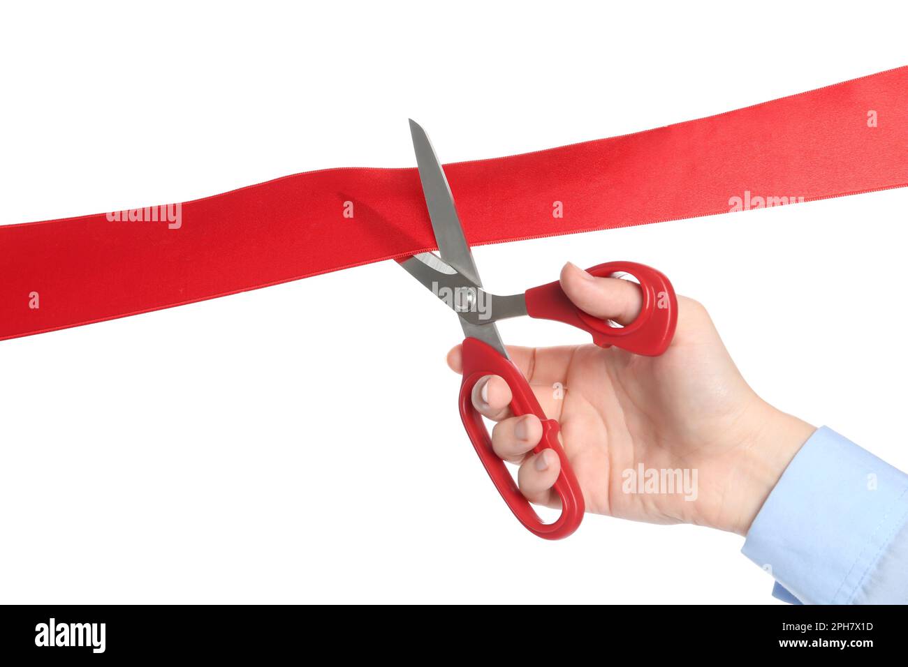 Woman cutting red ribbon on white background, closeup Stock Photo - Alamy