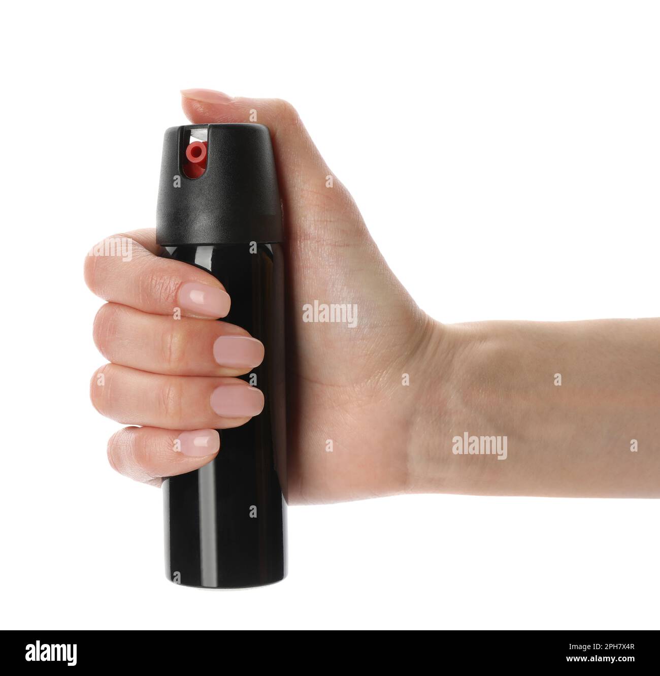 Woman with bottle of gas pepper spray on white background Stock Photo ...