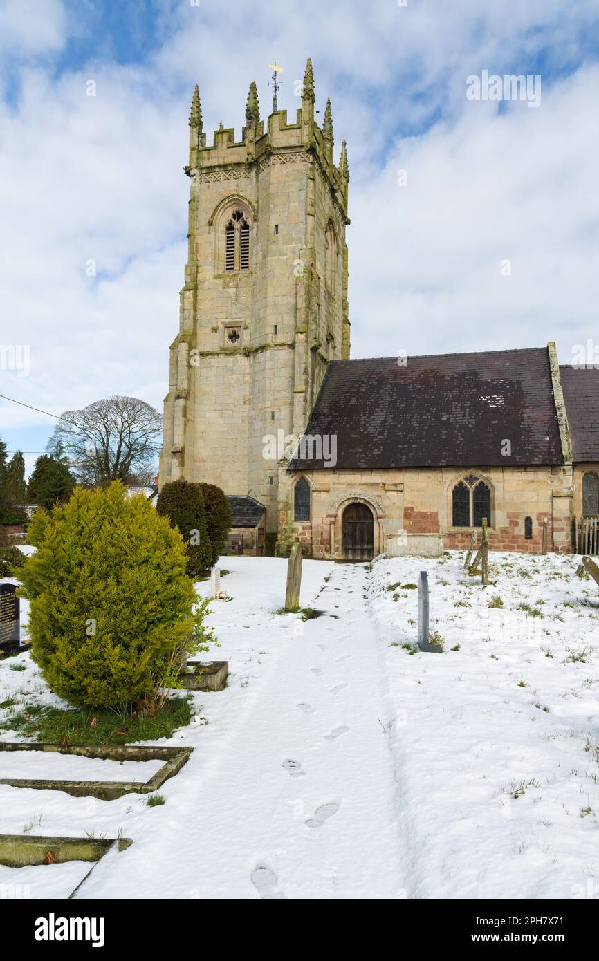 Shawbury, UK - March 10, 2023; Snow covered path with footprints ...