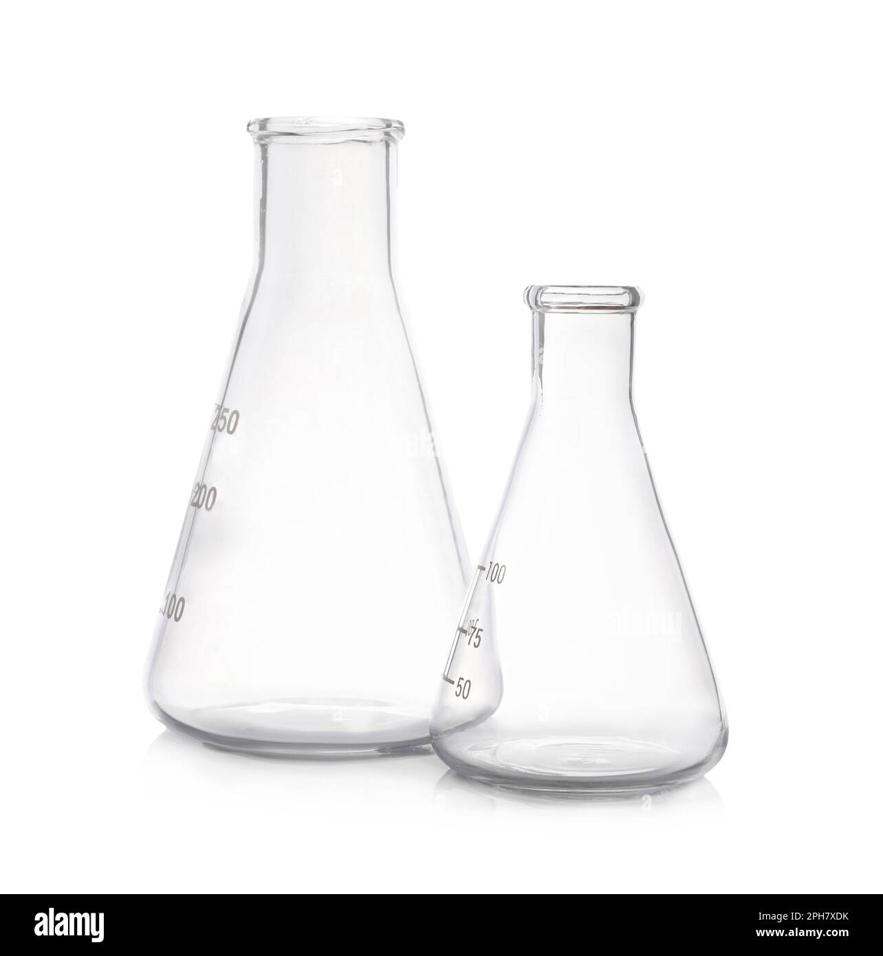 Empty flasks on white background. Laboratory equipment Stock Photo - Alamy