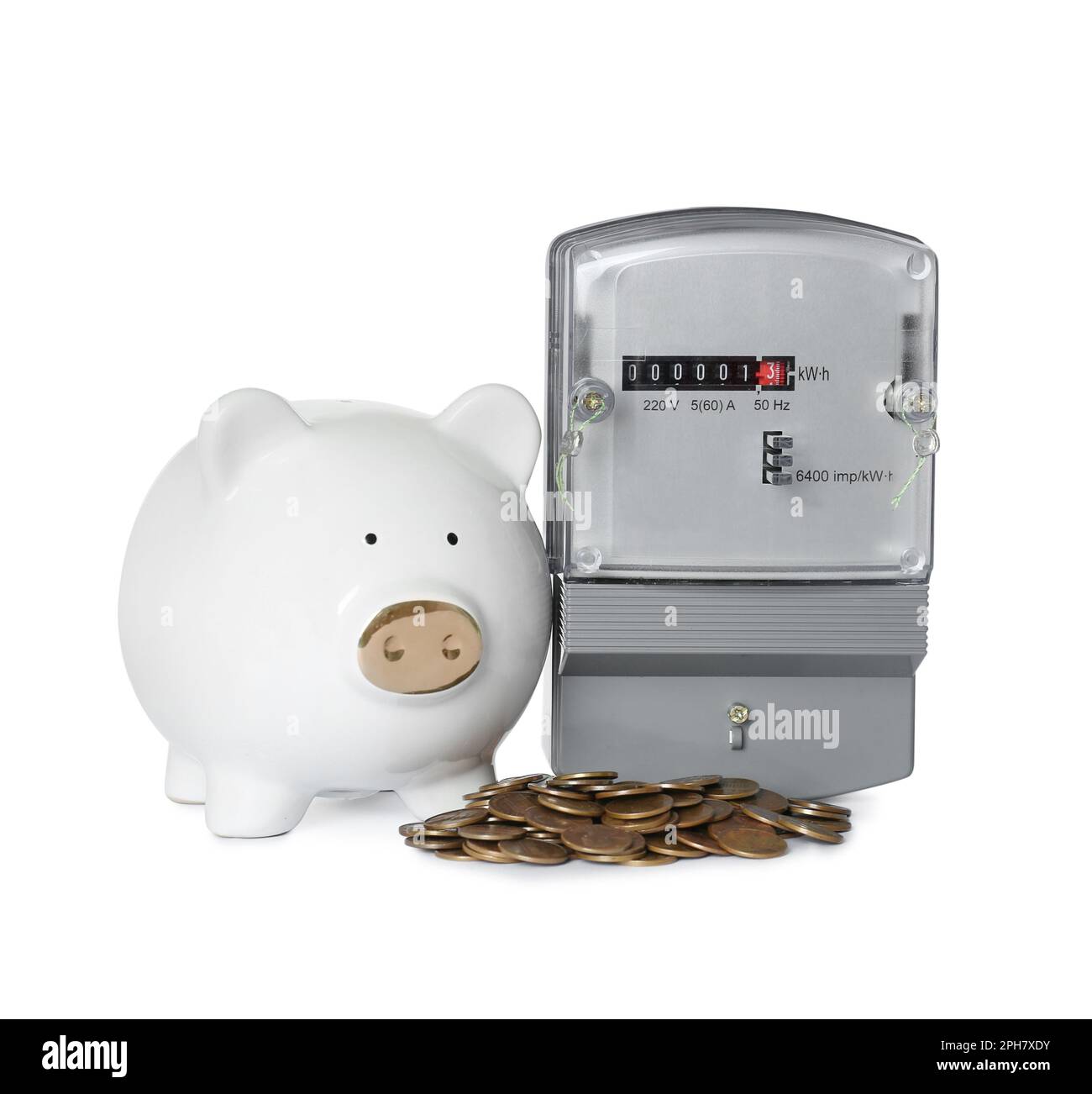 Electricity meter, piggy bank and coins on white background Stock Photo ...