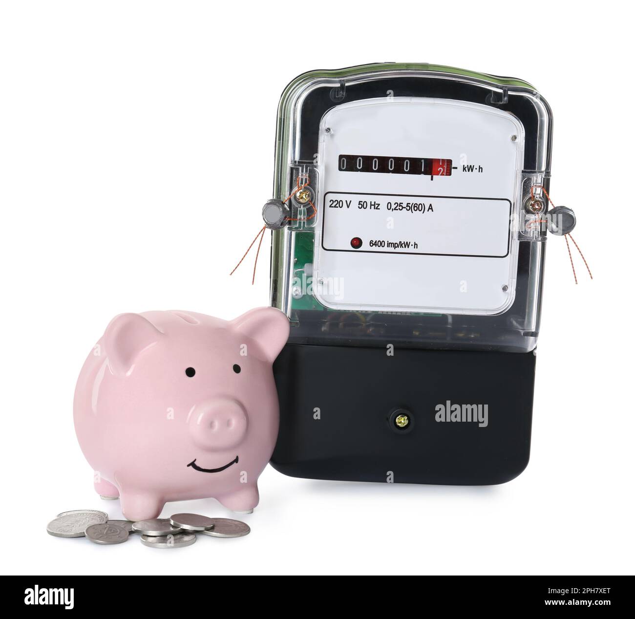 Electricity meter, pink piggy bank and coins on white background Stock ...