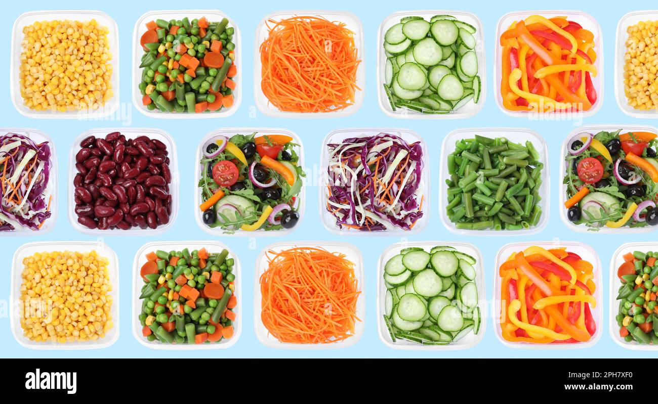 Set of plastic food containers with different fresh vegetables and ...