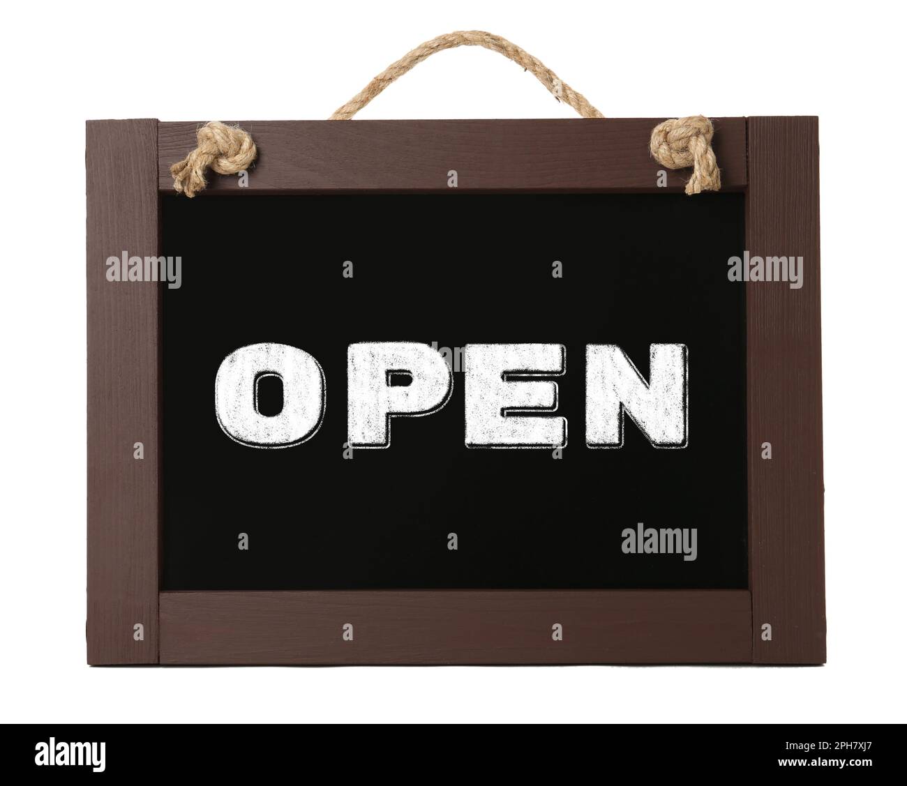 Small chalk board with word Open isolated on white Stock Photo - Alamy