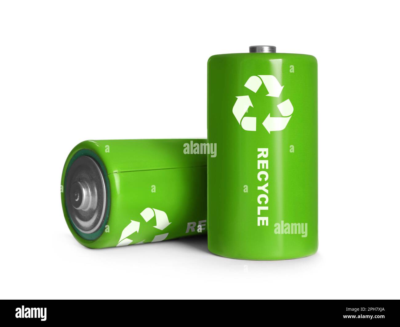 Batteries with recycle symbols on white background Stock Photo - Alamy