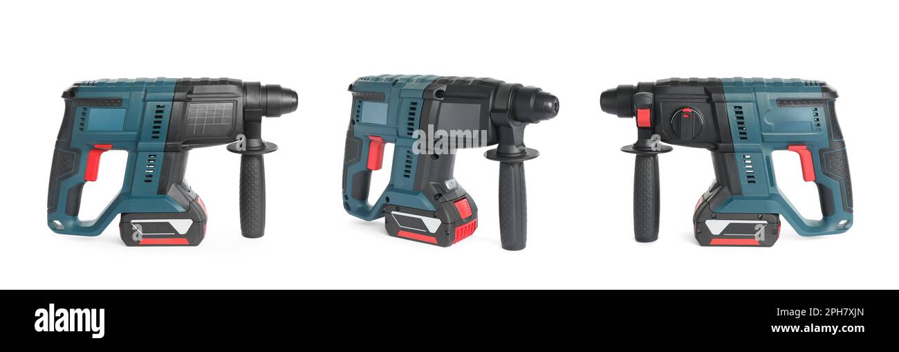 Set of modern electric drills on white background, banner design Stock ...