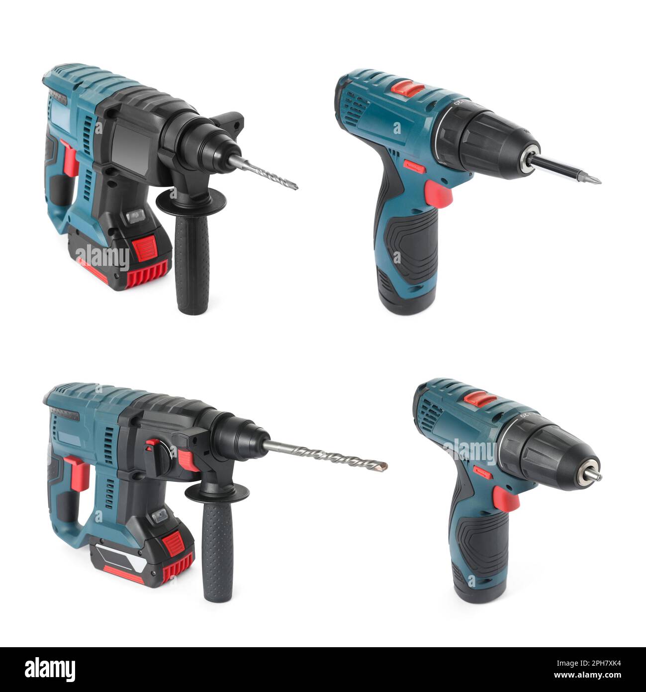 Set of modern electric drills on white background Stock Photo - Alamy