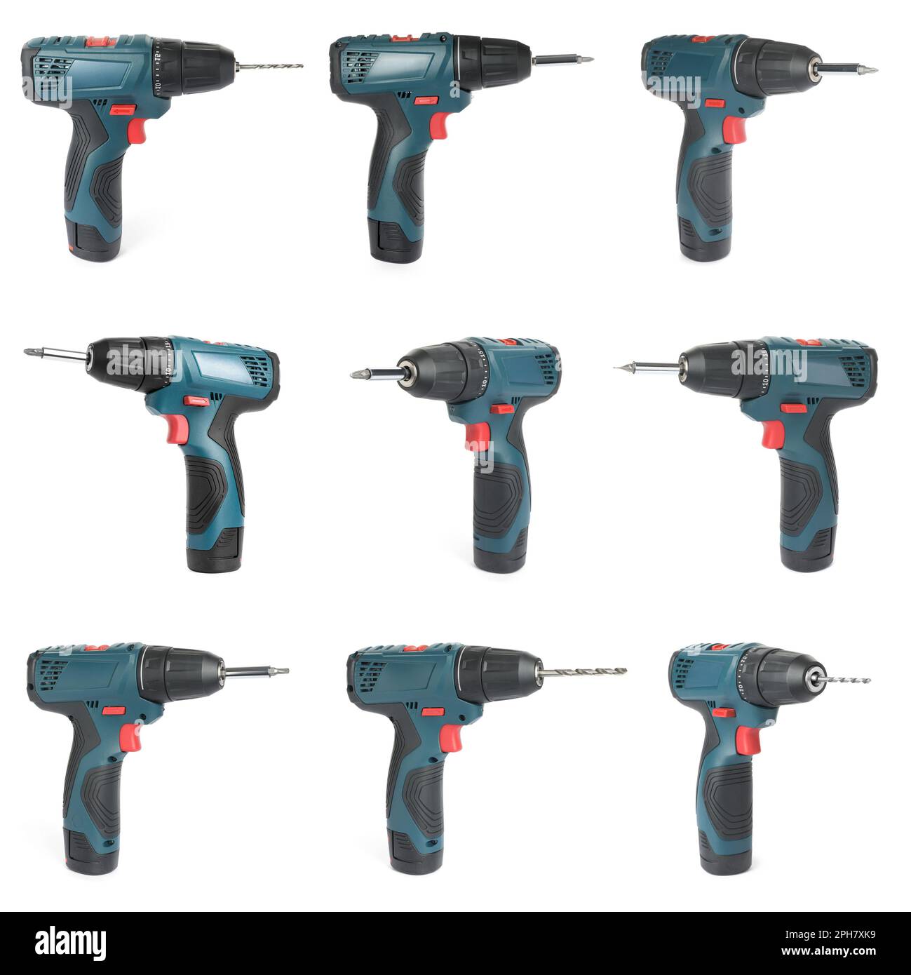 Set of modern electric drills on white background Stock Photo - Alamy