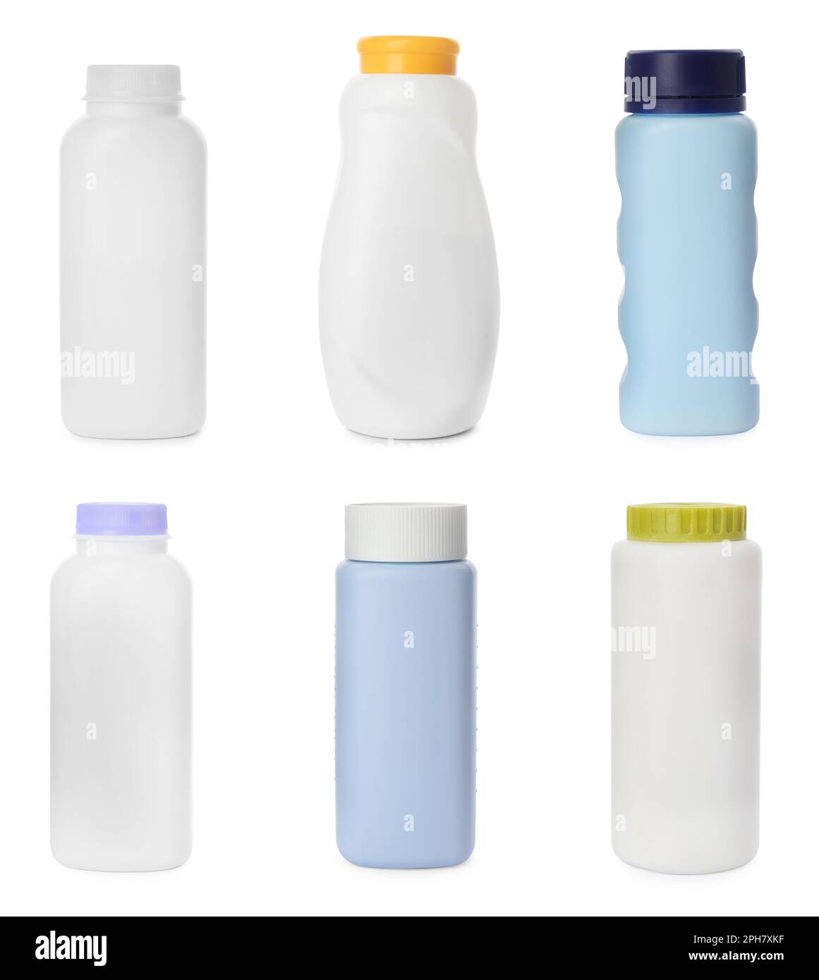Set of baby powder bottles on white background Stock Photo - Alamy