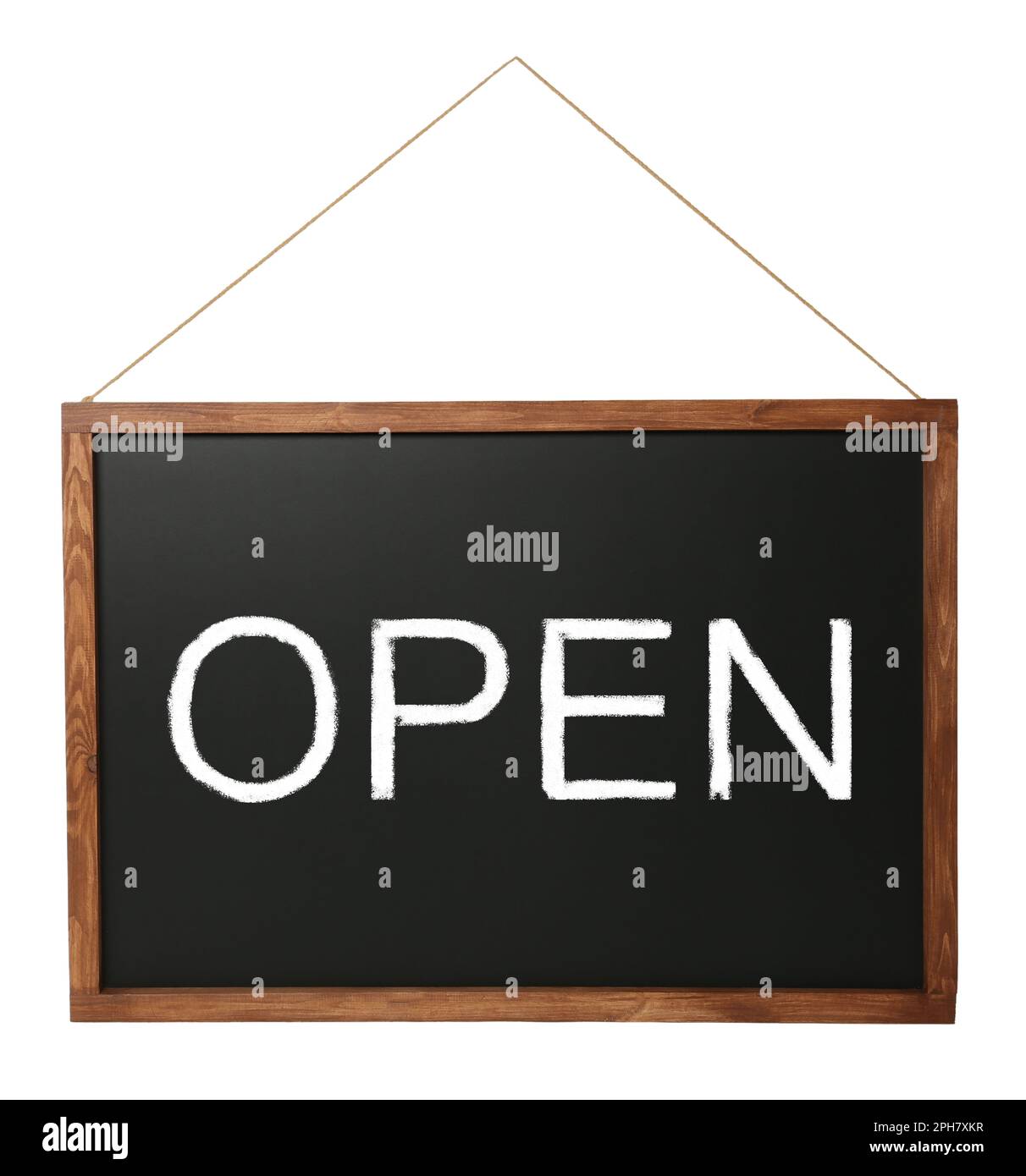 Small chalk board with word Open isolated on white Stock Photo - Alamy