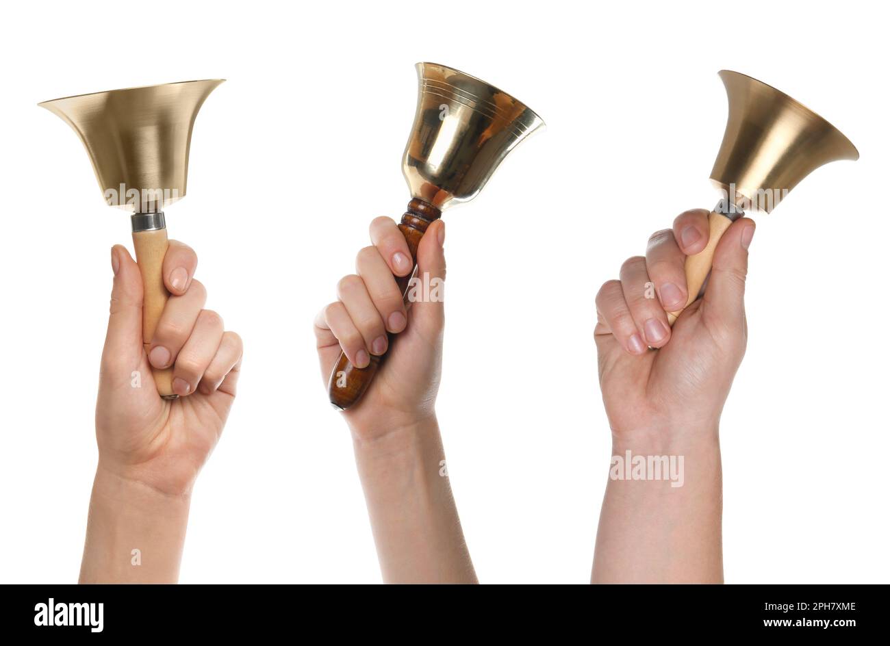 Collage with photos of women with school bells on white background ...