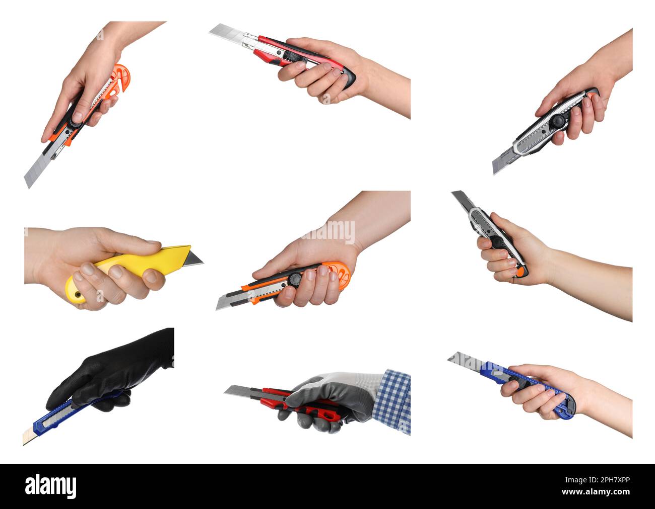 Collage with photos of people holding utility knives on white ...