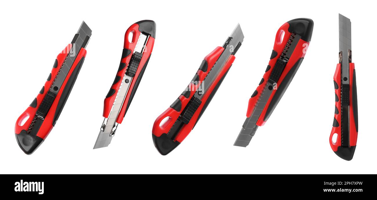Set with utility knives on white background. Banner design Stock Photo ...