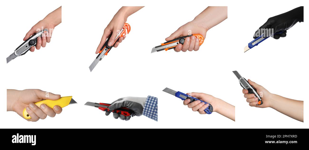 Collage with photos of people holding utility knives on white ...