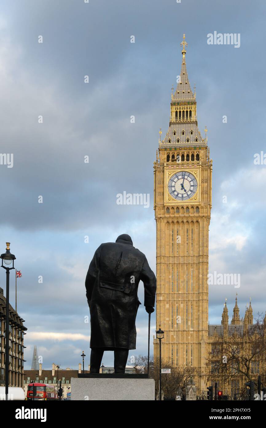 London, UK - February 27, 2023; Statue of Sir Winston Churchill ...