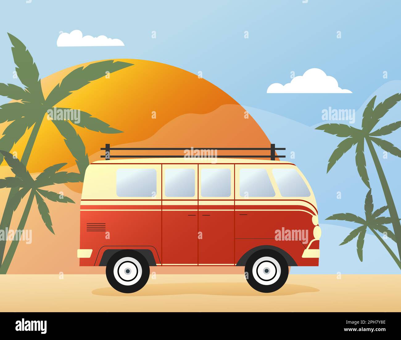 Red bus against the backdrop of palm trees and the sun. Poster template ...