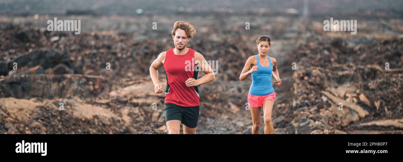 Running couple trail run race competition athletes banner panoramic man ...