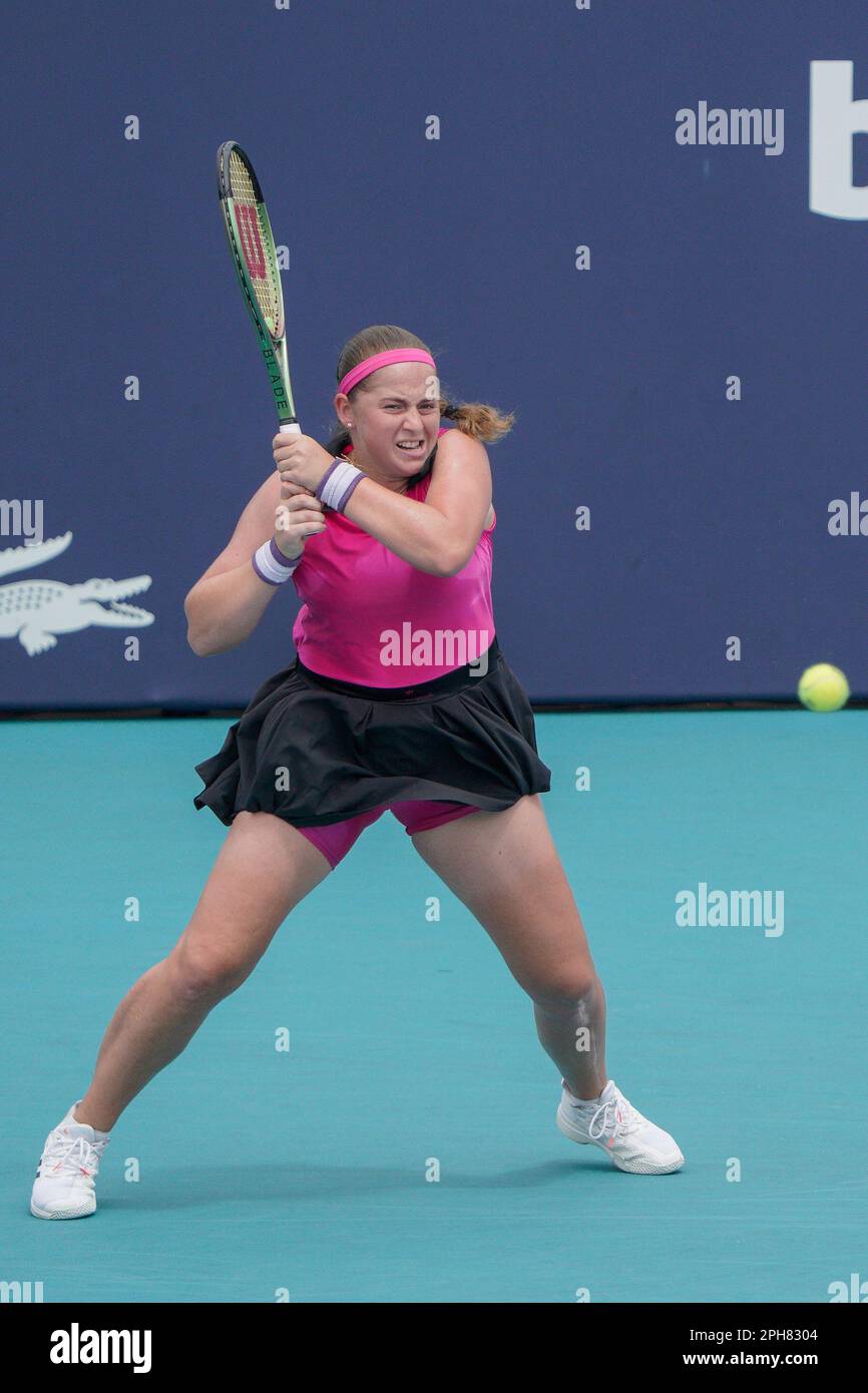 MIAMI GARDENS, FL - MARCH 25: Jelena Ostapenko (LAT) hits a shot during ...
