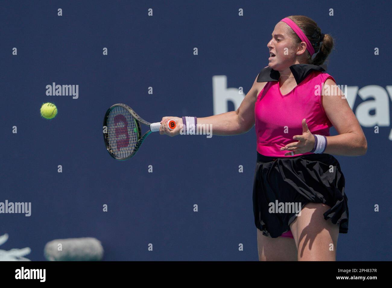 MIAMI GARDENS, FL - MARCH 25: Jelena Ostapenko (LAT) hits a shot during ...